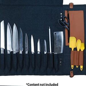 Chef knife roll bag large | stores 10 knives, 3 kitchen utensils Plus leather zipper pouch size open: 28" x 20" | waxed canvas knife carrier | easily carried shoulder strap professional chefs