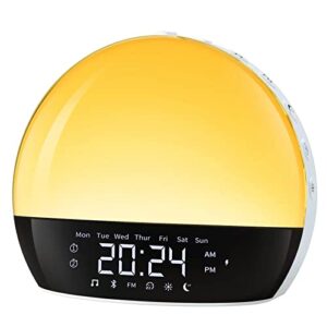 sunrise alarm clock, bluetooth speaker sound machine, sunrise and sunset simulation, snooze, dual alarms, fm radio & reading lamp, 11 natural sound for gentle wake up