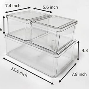 Refrigerator Organizer Bins with Lips BOPEY BPA Free Stackable Plastic Clear Food Storage Bin Multipurpose Box for Freezer Fridge Kitchen Pantry Countertop Dresser, 3-pack(2 Medium 1 Large)