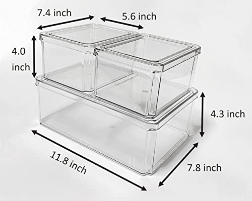 Refrigerator Organizer Bins with Lips BOPEY BPA Free Stackable Plastic Clear Food Storage Bin Multipurpose Box for Freezer Fridge Kitchen Pantry Countertop Dresser, 3-pack(2 Medium 1 Large)