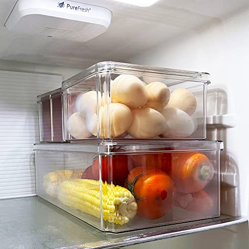 Refrigerator Organizer Bins with Lips BOPEY BPA Free Stackable Plastic Clear Food Storage Bin Multipurpose Box for Freezer Fridge Kitchen Pantry Countertop Dresser, 3-pack(2 Medium 1 Large)