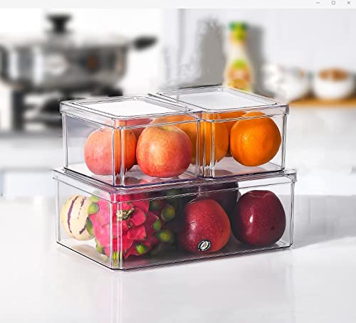 Refrigerator Organizer Bins with Lips BOPEY BPA Free Stackable Plastic Clear Food Storage Bin Multipurpose Box for Freezer Fridge Kitchen Pantry Countertop Dresser, 3-pack(2 Medium 1 Large)