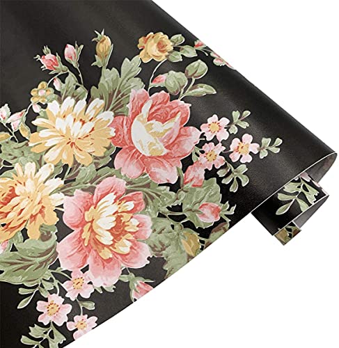 Yifely Vintage Peony Floral Shelving Paper Dark Yellow Peel & Stick Shelf Liner Dresser Drawer Sticker 17.7 Inch by 9.8 Feet