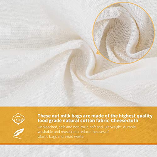 Nut Milk Bags, All Natural Cheesecloth Bags, 12"x12", 2 Pack, 100% Unbleached Cotton Cloth Bags for Tea/Yogurt/Juice/Wine/Soup/Herbs, Durable Washable Reusable Almond Milk Strainer(Weave 66x70)