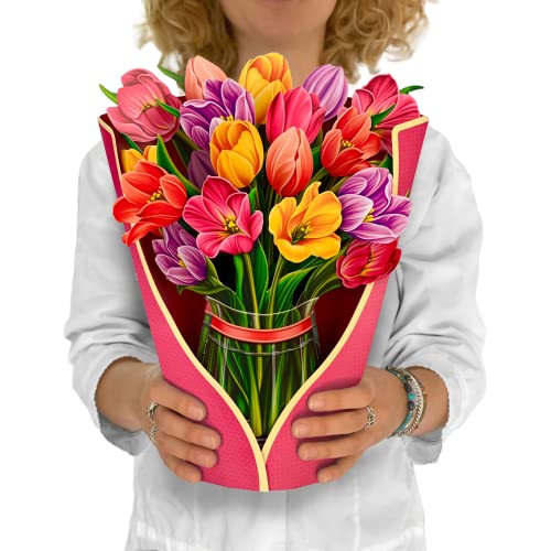 Freshcut Paper Pop Up Cards, Festive Tulips, 12 inch Life Sized Forever Flower Bouquet 3D Popup Paper Flower Easter Mother's Day Greeting Cards with Note Card and Envelope