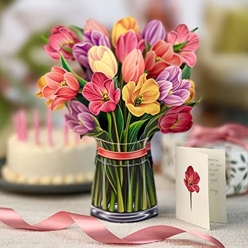 Freshcut Paper Pop Up Cards, Festive Tulips, 12 inch Life Sized Forever Flower Bouquet 3D Popup Paper Flower Easter Mother's Day Greeting Cards with Note Card and Envelope