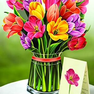 Freshcut Paper Pop Up Cards, Festive Tulips, 12 inch Life Sized Forever Flower Bouquet 3D Popup Paper Flower Easter Mother's Day Greeting Cards with Note Card and Envelope