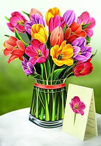 Freshcut Paper Pop Up Cards, Festive Tulips, 12 inch Life Sized Forever Flower Bouquet 3D Popup Paper Flower Easter Mother's Day Greeting Cards with Note Card and Envelope