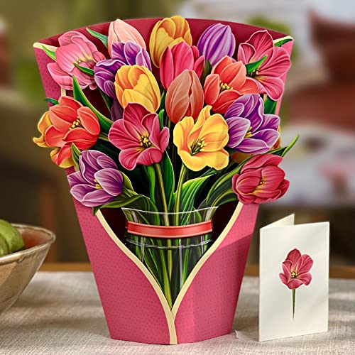 Freshcut Paper Pop Up Cards, Festive Tulips, 12 inch Life Sized Forever Flower Bouquet 3D Popup Paper Flower Easter Mother's Day Greeting Cards with Note Card and Envelope