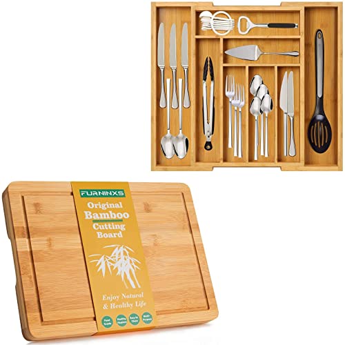 Thick Bamboo Cutting Board and Bamboo Kitchen Drawer Organizer Large Silverware Tray for Spoon Fork Flatware （7-9 Slot）