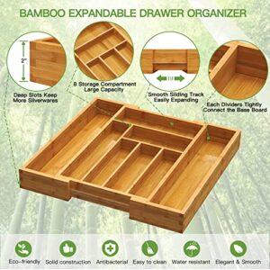 Thick Bamboo Cutting Board and Bamboo Kitchen Drawer Organizer Large Silverware Tray for Spoon Fork Flatware （7-9 Slot）