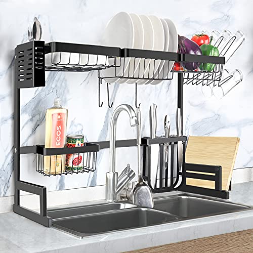 Over The Sink Dish Drying Rack, 2 Tier Stainless Steel Large Dish Racks for Kitchen Counter, Length Adjustable Dish Drainers with Utensil and Chopstick Holder (Sink Size≤36 INCH)-Black