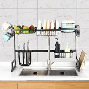 Over The Sink Dish Drying Rack, 2 Tier Stainless Steel Large Dish Racks for Kitchen Counter, Length Adjustable Dish Drainers with Utensil and Chopstick Holder (Sink Size≤36 INCH)-Black