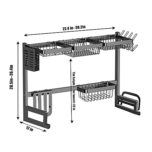 Over The Sink Dish Drying Rack, 2 Tier Stainless Steel Large Dish Racks for Kitchen Counter, Length Adjustable Dish Drainers with Utensil and Chopstick Holder (Sink Size≤36 INCH)-Black