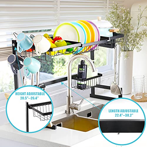 Over The Sink Dish Drying Rack, 2 Tier Stainless Steel Large Dish Racks for Kitchen Counter, Length Adjustable Dish Drainers with Utensil and Chopstick Holder (Sink Size≤36 INCH)-Black