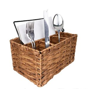 Flatware Organizer, Wicker Woven Divided Cutlery Storage Caddy Tote, Basket Holder for Kitchen Table, Cabinet, Pantry - Hold Silverware, Forks, Knives, Spoons, Napkins and other Utensils Dispenser