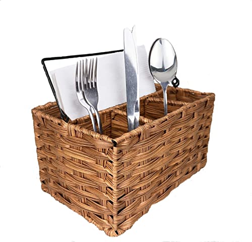 Flatware Organizer, Wicker Woven Divided Cutlery Storage Caddy Tote, Basket Holder for Kitchen Table, Cabinet, Pantry - Hold Silverware, Forks, Knives, Spoons, Napkins and other Utensils Dispenser