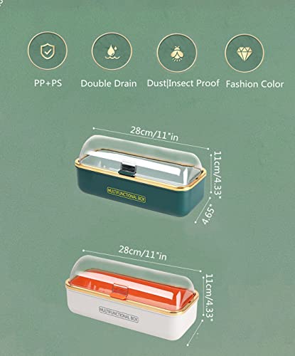 Flatware Tray Kitchen Drawer Organizer With Lid And Drainer,Plastic Tray with Lid Kitchen Cutlery and Utensil Drawer Organizer,Dust-Proof Utensil Countertop Storage Container With Drainer(Orange)