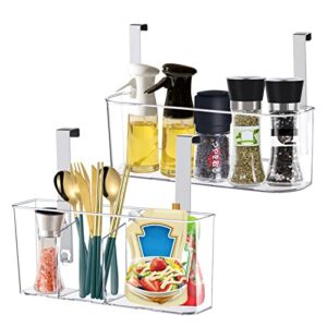 esluker.ly 2 pack over cabinet door organizer holder, 2 styles plastic cabinet storage basket for kitchen pantry bathroom| hang outside or inside door (single grid & three grids, clear)