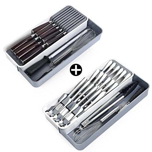 Expandable Kitchen Knife Drawer Organizer and Silverware Organizer Storage Tray, Adjustable and Removable Flatware Organizer for Kitchen Drawer Holding Utensils Spoons Knife Forks