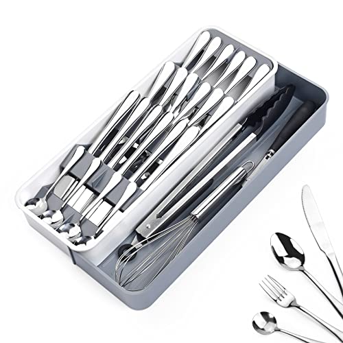 Expandable Kitchen Knife Drawer Organizer and Silverware Organizer Storage Tray, Adjustable and Removable Flatware Organizer for Kitchen Drawer Holding Utensils Spoons Knife Forks