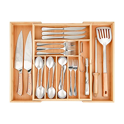 Bamboo Expandable Drawer Organizer, NEDNEYy Cutlery and Utensil Tray, Desk Drawer Organizer Silverware Holder Kitchen Knives Tray Drawer Organizer, 100% Pure Bamboo Cutlery in Natural Color…