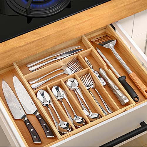 Bamboo Expandable Drawer Organizer, NEDNEYy Cutlery and Utensil Tray, Desk Drawer Organizer Silverware Holder Kitchen Knives Tray Drawer Organizer, 100% Pure Bamboo Cutlery in Natural Color…