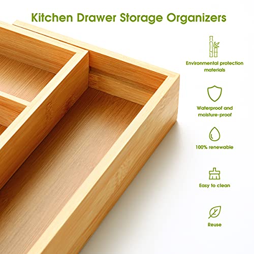 Bamboo Expandable Drawer Organizer, NEDNEYy Cutlery and Utensil Tray, Desk Drawer Organizer Silverware Holder Kitchen Knives Tray Drawer Organizer, 100% Pure Bamboo Cutlery in Natural Color…