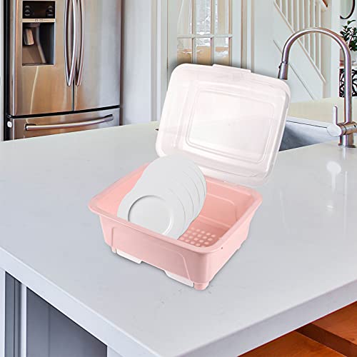 Luxshiny Utensil Drying Box with Lid Cover Dish Drying Rack Drain Board Fork Cutter Spoon Chopstick Holders Caddy Drainer Case Countertop Silverware Flatware Cutlery Organizer Pink