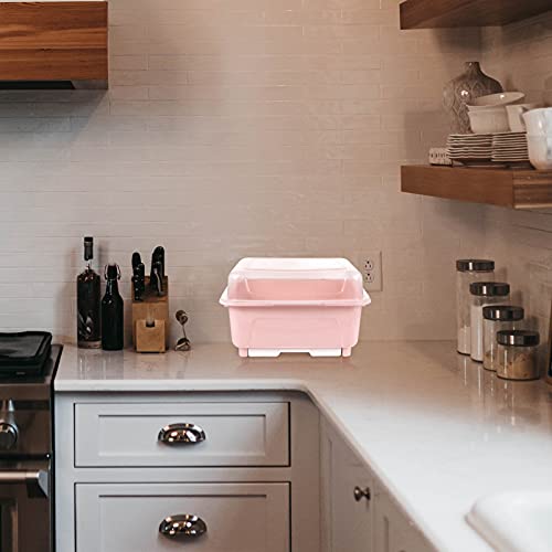 Luxshiny Utensil Drying Box with Lid Cover Dish Drying Rack Drain Board Fork Cutter Spoon Chopstick Holders Caddy Drainer Case Countertop Silverware Flatware Cutlery Organizer Pink