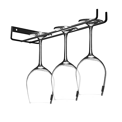 eastbao Hanging Wine Glass Rack Under Cabinet With Black Metal Brackets Wine Glass Holder Under Shelf for Wall Mounted Wood for Black Set of 4