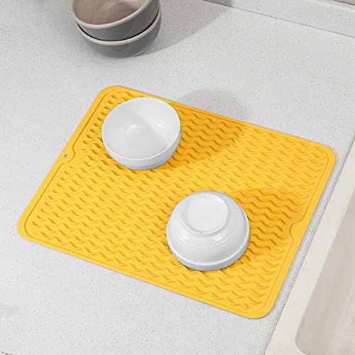 MicoYang Silicone Dish Drying Mat for Multiple Usage,Easy clean,Eco-friendly,Heat-resistant Silicone Mat for Kitchen Counter or Sink,Refrigerator or drawer liner Yellow L 16 inches x 12 inches