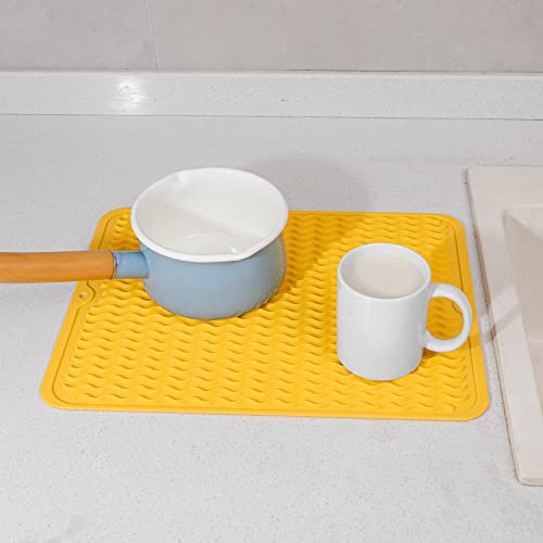 MicoYang Silicone Dish Drying Mat for Multiple Usage,Easy clean,Eco-friendly,Heat-resistant Silicone Mat for Kitchen Counter or Sink,Refrigerator or drawer liner Yellow L 16 inches x 12 inches