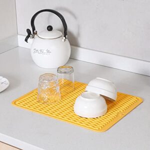 MicoYang Silicone Dish Drying Mat for Multiple Usage,Easy clean,Eco-friendly,Heat-resistant Silicone Mat for Kitchen Counter or Sink,Refrigerator or drawer liner Yellow L 16 inches x 12 inches