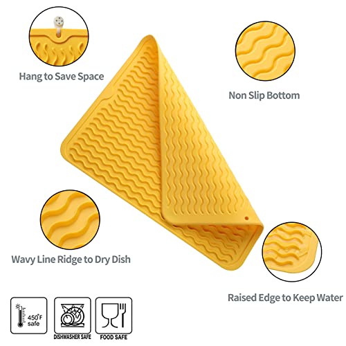 MicoYang Silicone Dish Drying Mat for Multiple Usage,Easy clean,Eco-friendly,Heat-resistant Silicone Mat for Kitchen Counter or Sink,Refrigerator or drawer liner Yellow L 16 inches x 12 inches