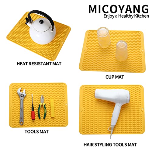 MicoYang Silicone Dish Drying Mat for Multiple Usage,Easy clean,Eco-friendly,Heat-resistant Silicone Mat for Kitchen Counter or Sink,Refrigerator or drawer liner Yellow L 16 inches x 12 inches