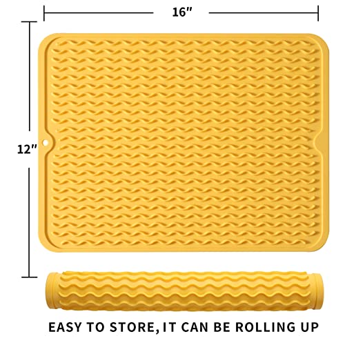 MicoYang Silicone Dish Drying Mat for Multiple Usage,Easy clean,Eco-friendly,Heat-resistant Silicone Mat for Kitchen Counter or Sink,Refrigerator or drawer liner Yellow L 16 inches x 12 inches