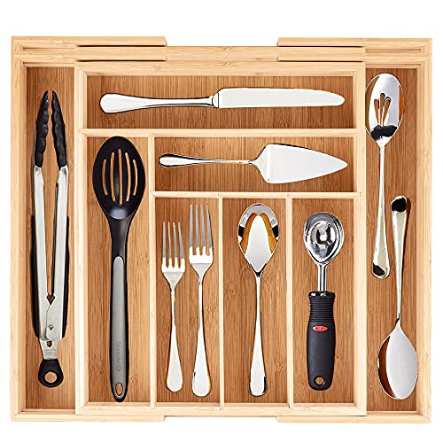 XKXKKE Bamboo Expandable Drawer Organizer Cutlery Tray Adjustable Utensil Drawer Organizer, Wood Drawer Dividers Organizer for Tools, Silverware, Flatware, Knives in Kitchen, Bedroom, Living Room