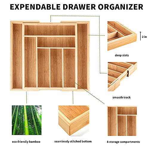 XKXKKE Bamboo Expandable Drawer Organizer Cutlery Tray Adjustable Utensil Drawer Organizer, Wood Drawer Dividers Organizer for Tools, Silverware, Flatware, Knives in Kitchen, Bedroom, Living Room