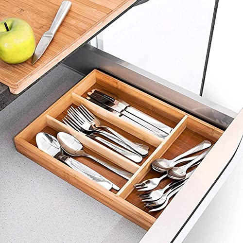 Bamboo Utensil Silverware Organizer - 4 Compartments - Bamboo Hardware Jewelry Drawer Holder Kitchen Knives Tray Organizer