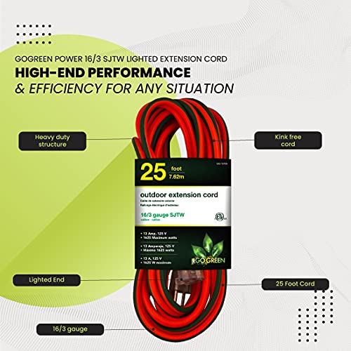 GoGreen Power GG-13725 16/3 25’ SJTW Outdoor Extension Cord, Lighted End, 25 Ft