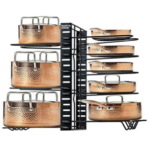 raoyaboho black pot and pan organizer for cabinet adjustable, kitchen pot and pan organizer storage, pan and pot lid rack holder 8 tiers