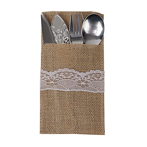 Burlap Silverware Holder FMHXG 10PCS 22x11 cm / 8.3x4.3 inches Reusable Rustic Burlap Lace Utensil Holder Pouches,Knife Fork Tableware Bags for Table Setting, Cutlery Holder