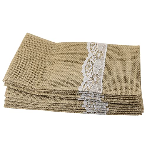 Burlap Silverware Holder FMHXG 10PCS 22x11 cm / 8.3x4.3 inches Reusable Rustic Burlap Lace Utensil Holder Pouches,Knife Fork Tableware Bags for Table Setting, Cutlery Holder