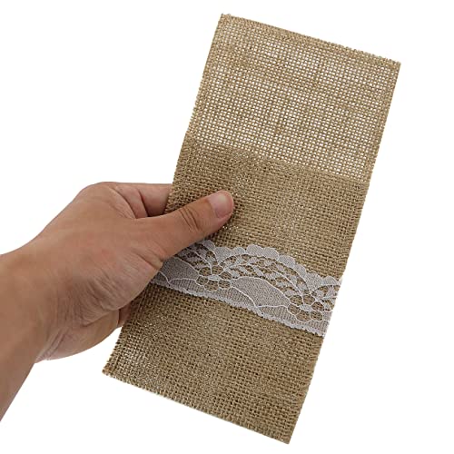 Burlap Silverware Holder FMHXG 10PCS 22x11 cm / 8.3x4.3 inches Reusable Rustic Burlap Lace Utensil Holder Pouches,Knife Fork Tableware Bags for Table Setting, Cutlery Holder