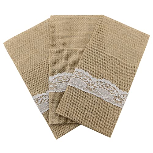 Burlap Silverware Holder FMHXG 10PCS 22x11 cm / 8.3x4.3 inches Reusable Rustic Burlap Lace Utensil Holder Pouches,Knife Fork Tableware Bags for Table Setting, Cutlery Holder