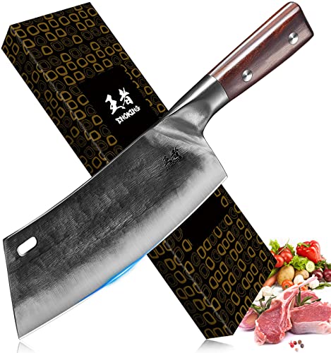 Cleaver Knife, ENOKING Meat Cleaver Hand Forged Serbian Chef Knife German High Carbon Stainless Steel Butcher Knife Vegetable Cleaver with Full Tang Handle for Home Kitchen and Restaurant, Ultra Sharp