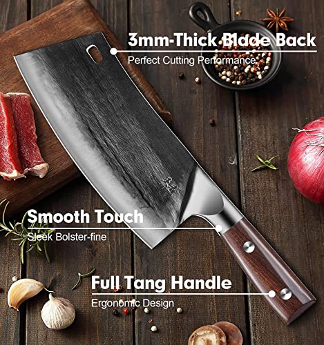 Cleaver Knife, ENOKING Meat Cleaver Hand Forged Serbian Chef Knife German High Carbon Stainless Steel Butcher Knife Vegetable Cleaver with Full Tang Handle for Home Kitchen and Restaurant, Ultra Sharp