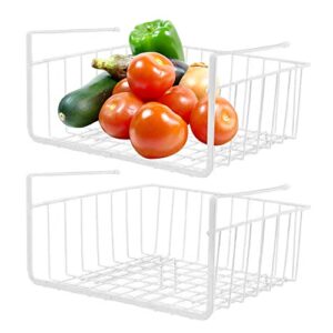 2 pack under shelf wire basket, hanging storage baskets under cabinet add-on storage racks for cabinet thickness max 1.3 inch, slide-in baskets organizer for kitchen pantry desk bookshelf (white)