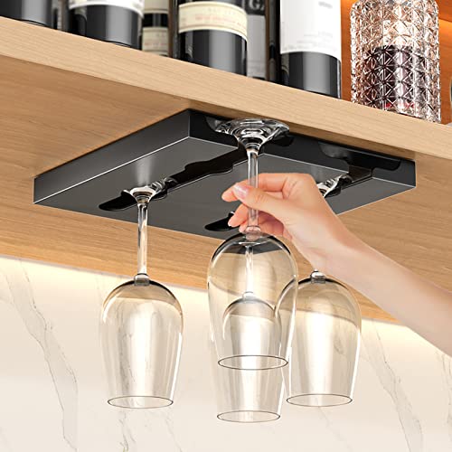 Gittcoll Wine Glasses Rack Stainless Steel Under Cabinet Stemware Hanging Holder No Drilling Metal Wine Glasses Goblets Drying Organizer Storage for Cabinet Kitchen Bar (3 Slot)